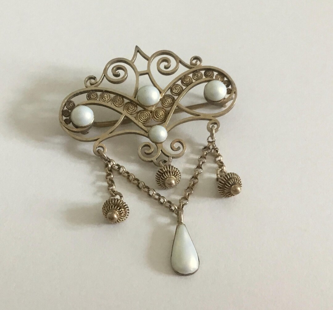 Antique Norwegian Brooch, Gilded Silver Pearlescent Enamel Handmade ...