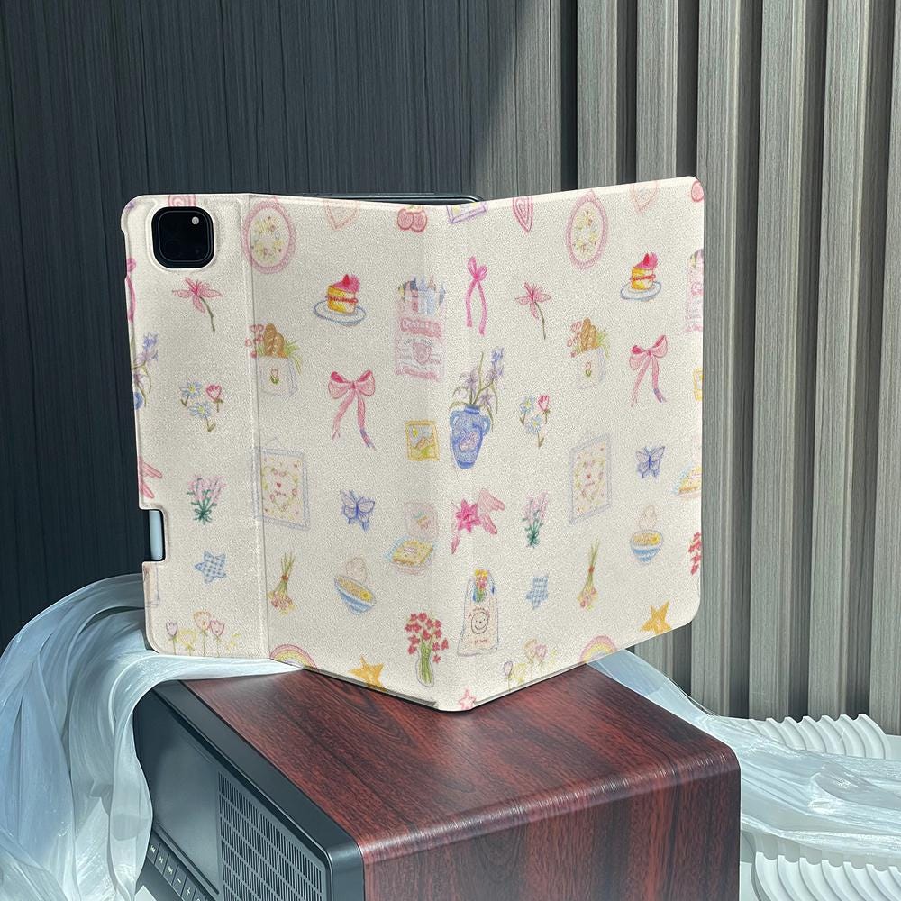 Pastel Bow and Ribbon Doodles iPad Case With Pencilholder Protective ...