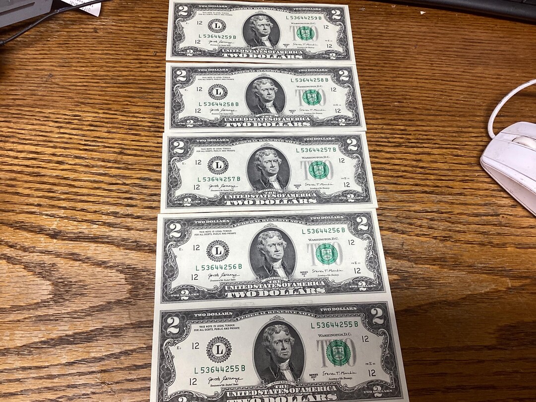 Sequential 2 Dollar Bills Set of 5 Consecutive Notes | Collectible US ...
