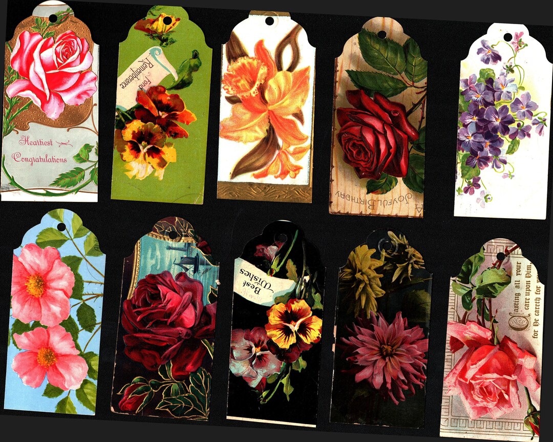 10 Antique Post Card Tags, Scrapbook Material Flowers Vintage Wedding ...