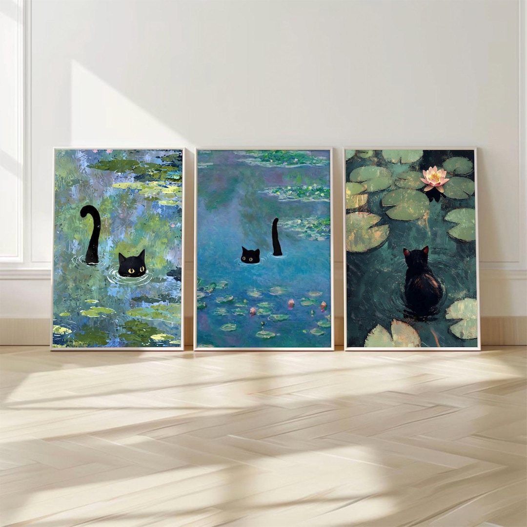 Monet Waterlily Cat Print, Claude Monet Cat Poster, Black Cat Art ...