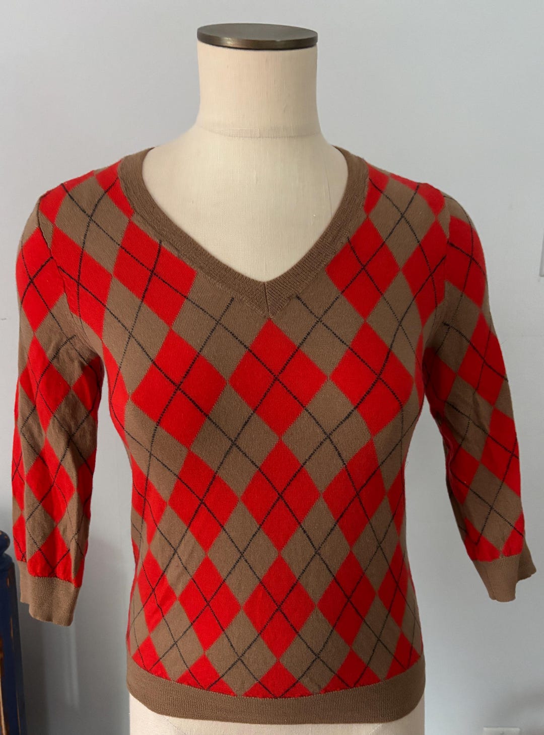 Vintage J. Crew Merino Wool Orange and Brown Argyle V-neck Sweater XS/S ...