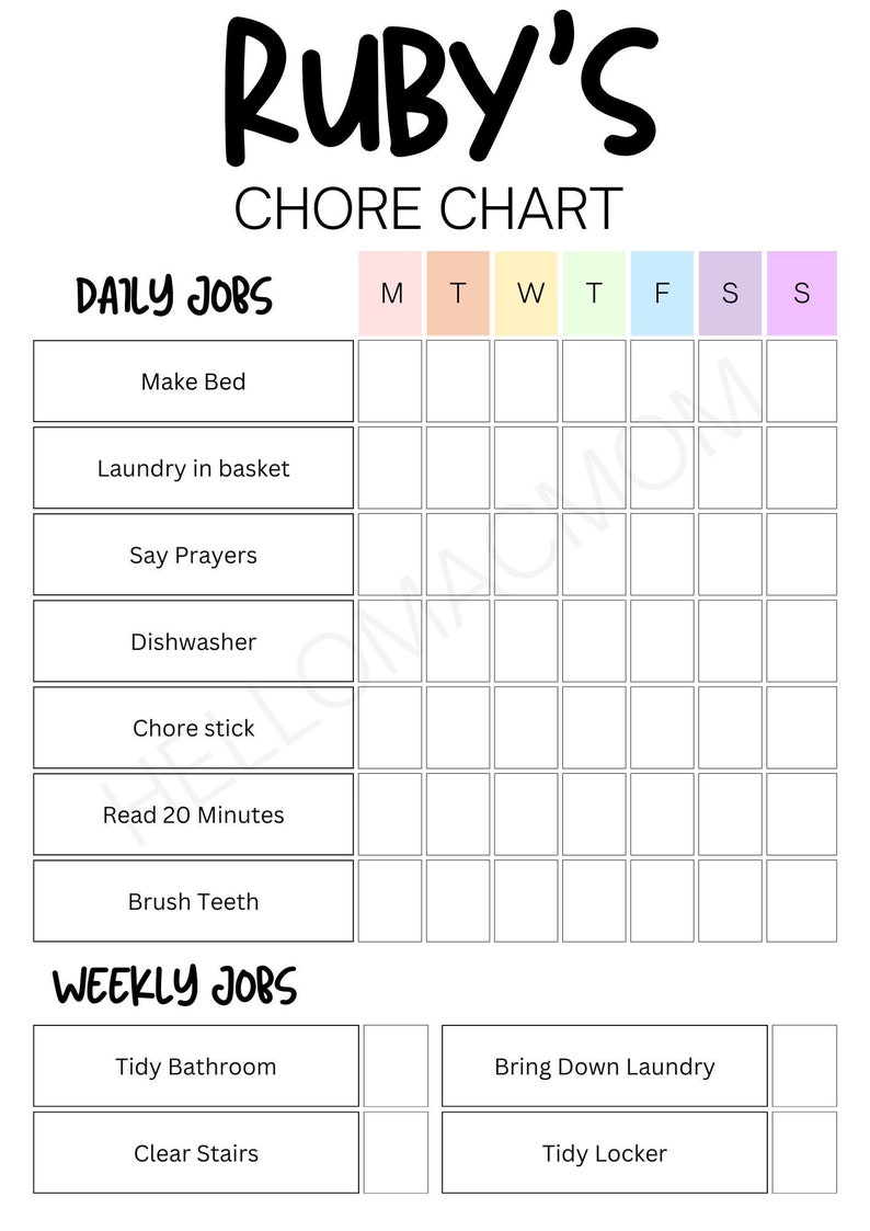Simple Chore Chart for Kids Printable, Editable Daily Checklist, Weekly Schedule Template ...