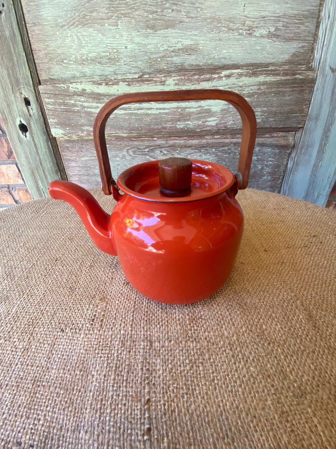 Orange Vintage Enamelware Small Teapot Cook Stove Boiling Water Pot ...