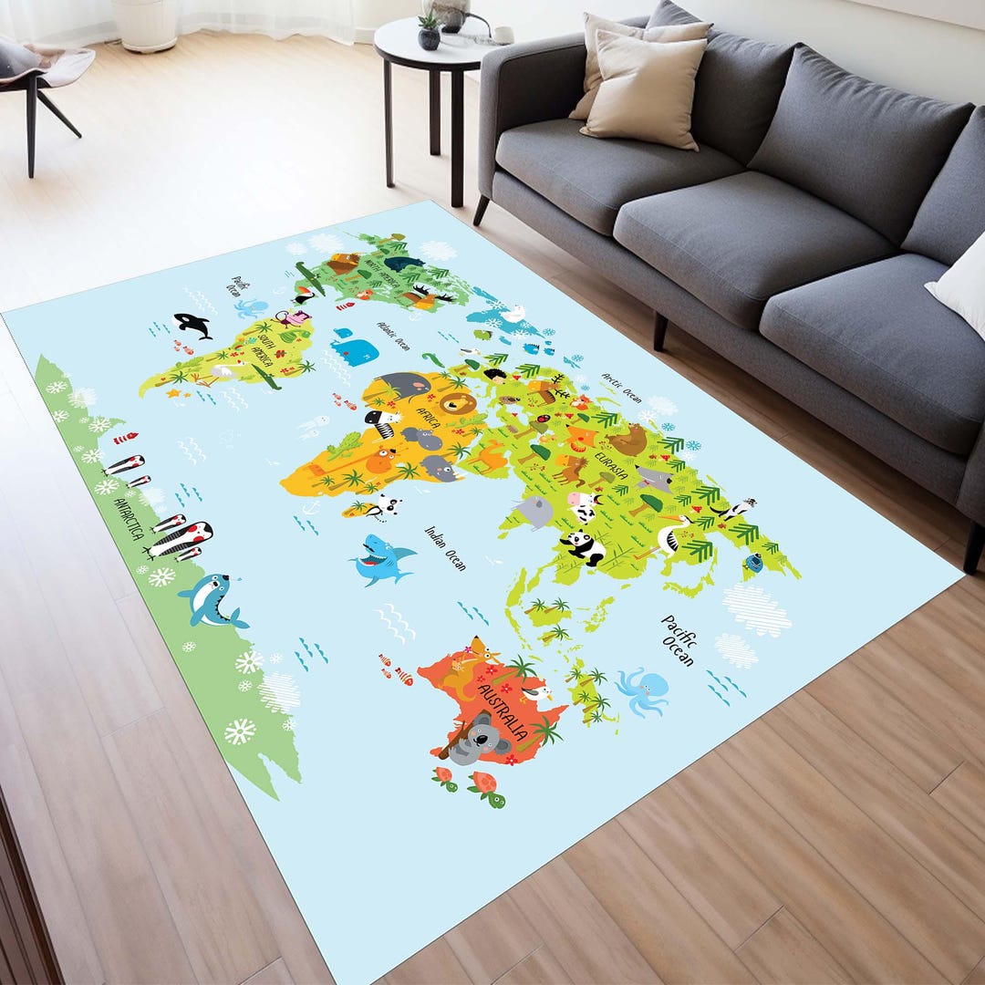 World Map With Animals Rugs, Educational Map Rugs, Kids Map Rug ...