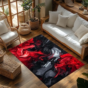 Red Black Abstract Area Rug, Red Smoke Rug, Modern Art Carpet, Elegant ...