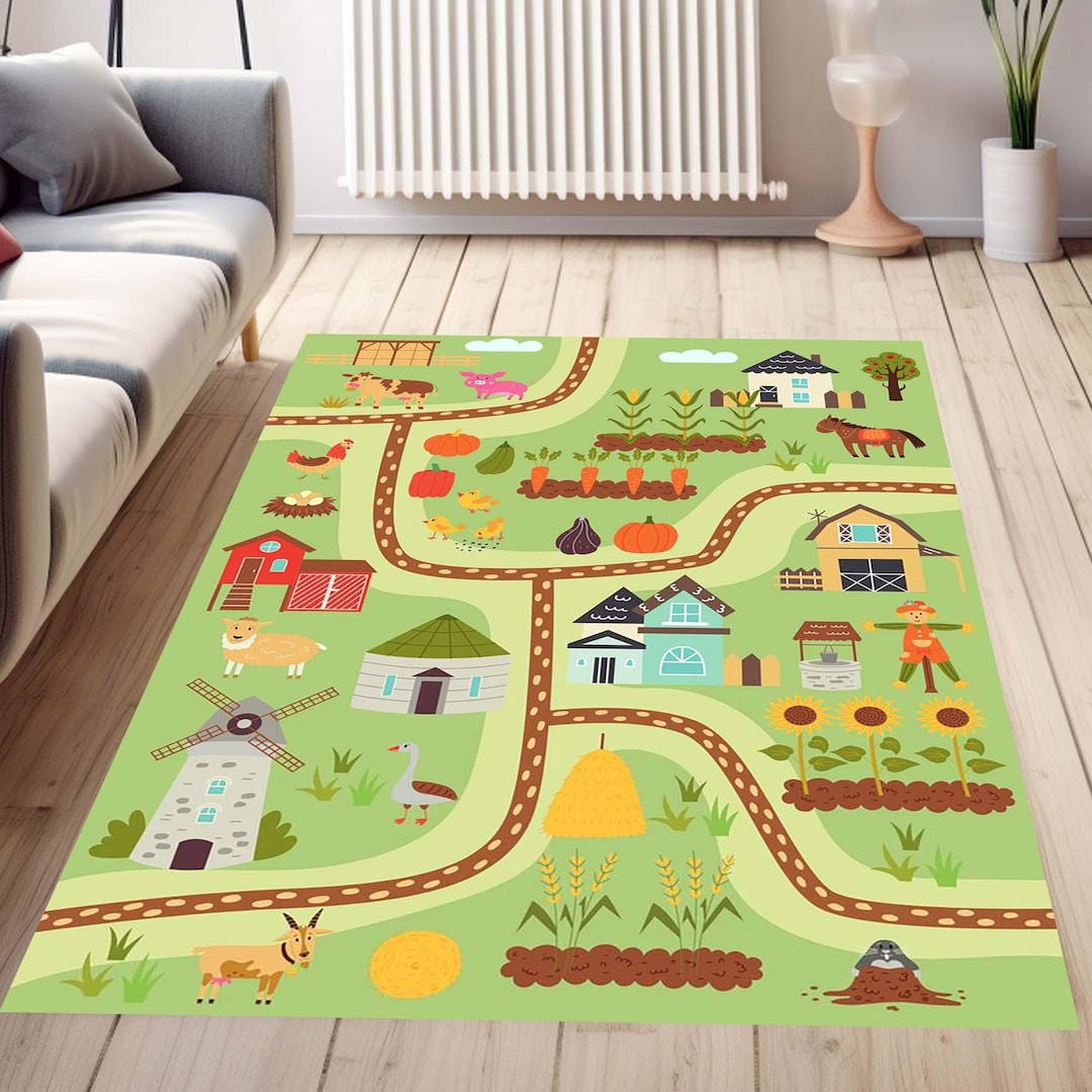 Kids Play Mat With Green Farm Roads and Fields Vegetable Gardens, Kids ...
