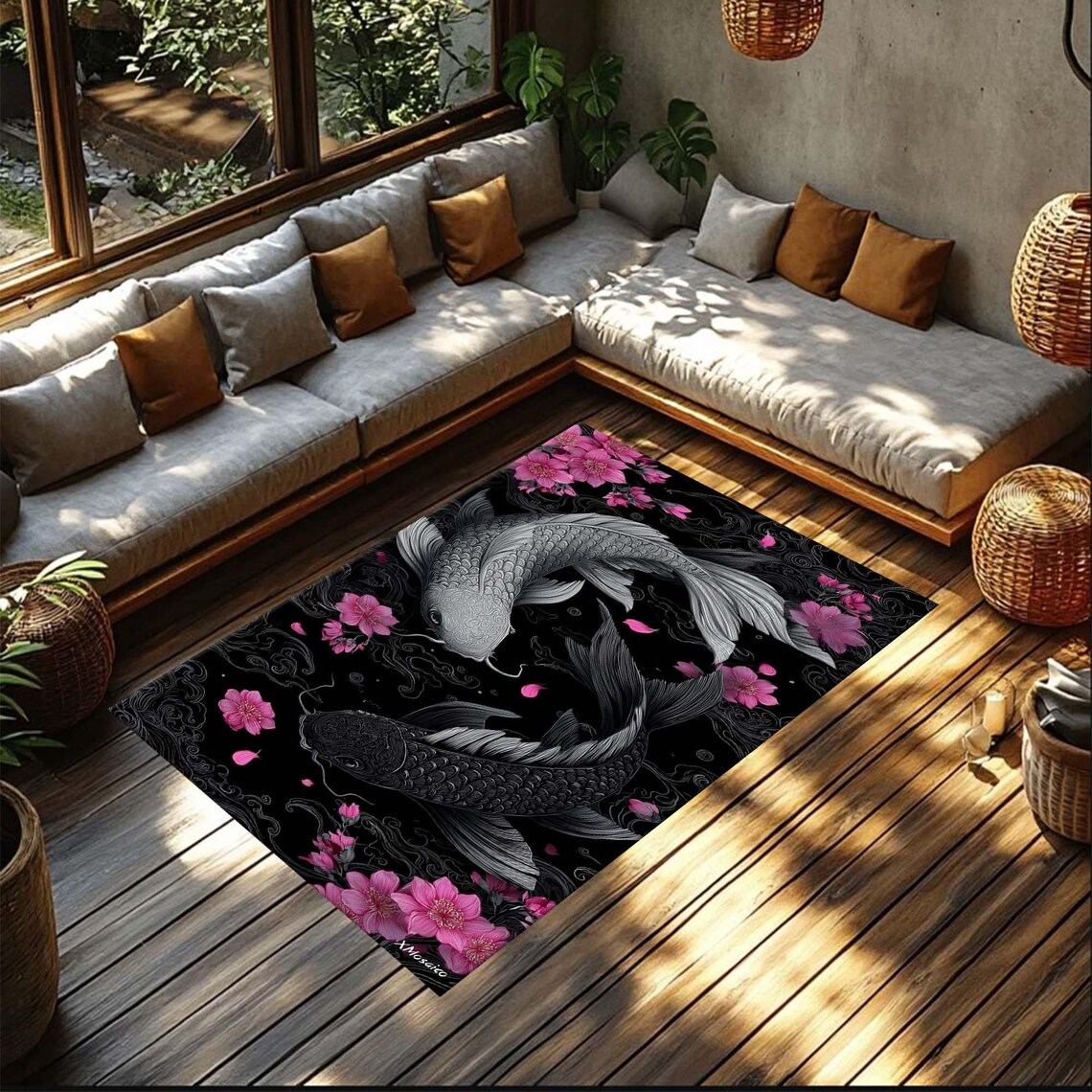 Koi Rug, Japanese Rug, Koi Fish Art Rug for Oriental Living Room Decor ...