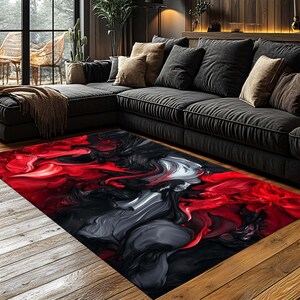 Red Black Abstract Area Rug, Red Smoke Rug, Modern Art Carpet, Elegant ...