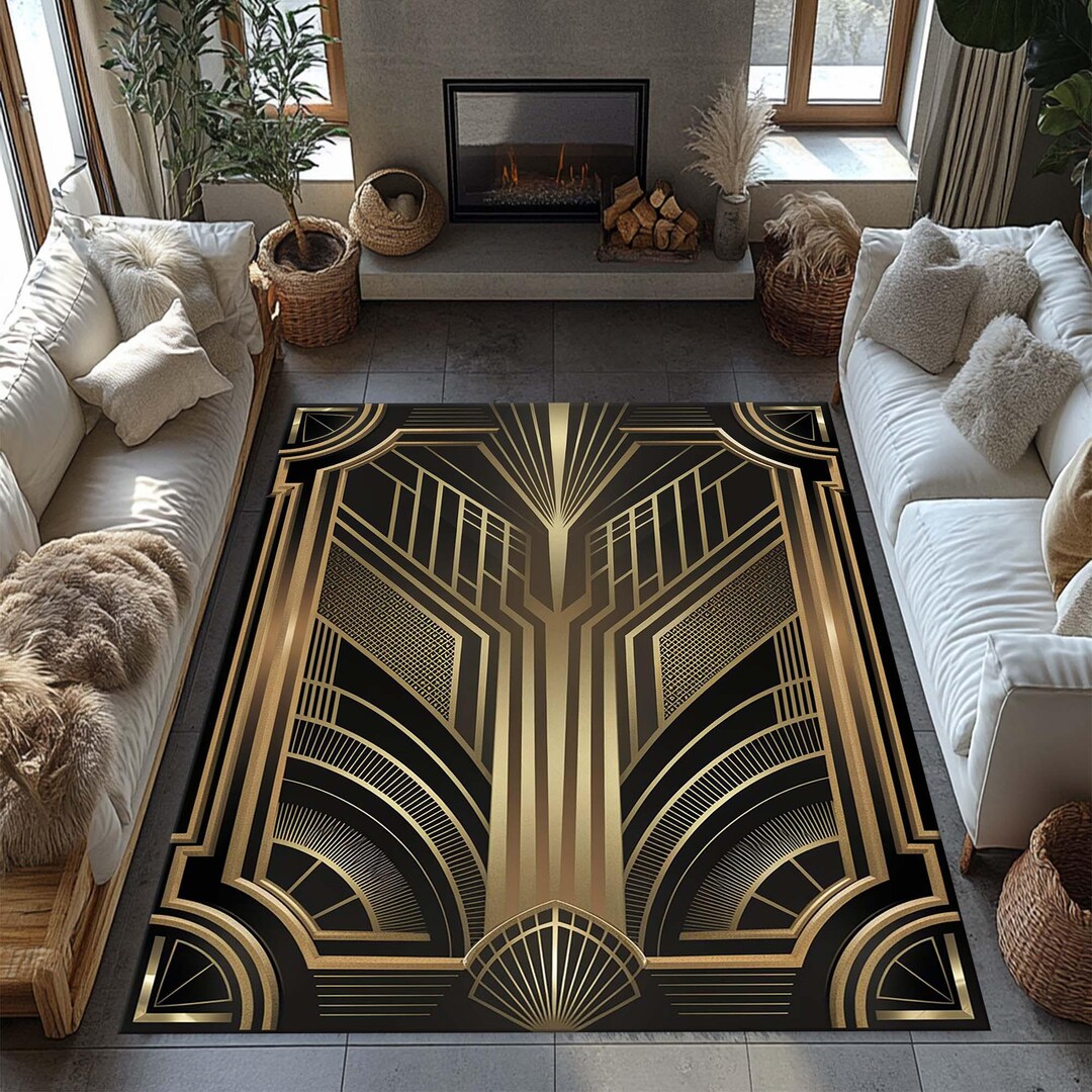 Gold Lined Rug, Art Deco Rug, Black Gold Striped Rug, Geometric Shaped ...