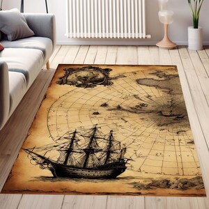 Ship Rug, Old Ship Rug, Sea Rug, Compass Rug, Old Nautical Rug, Ocean ...