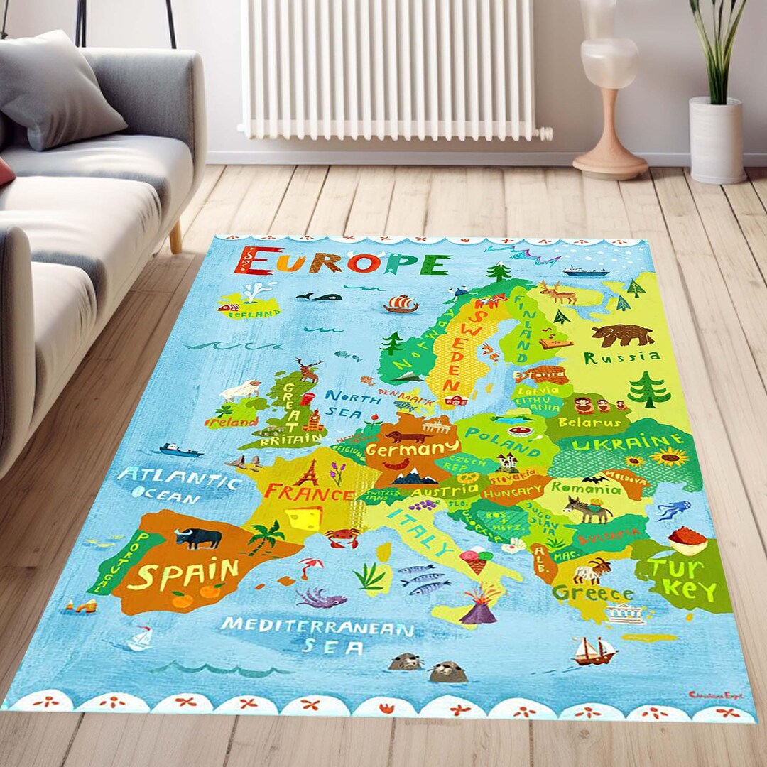 Europe Map With Animals Rugs, Educational Map Rugs, Kids Map Rug ...