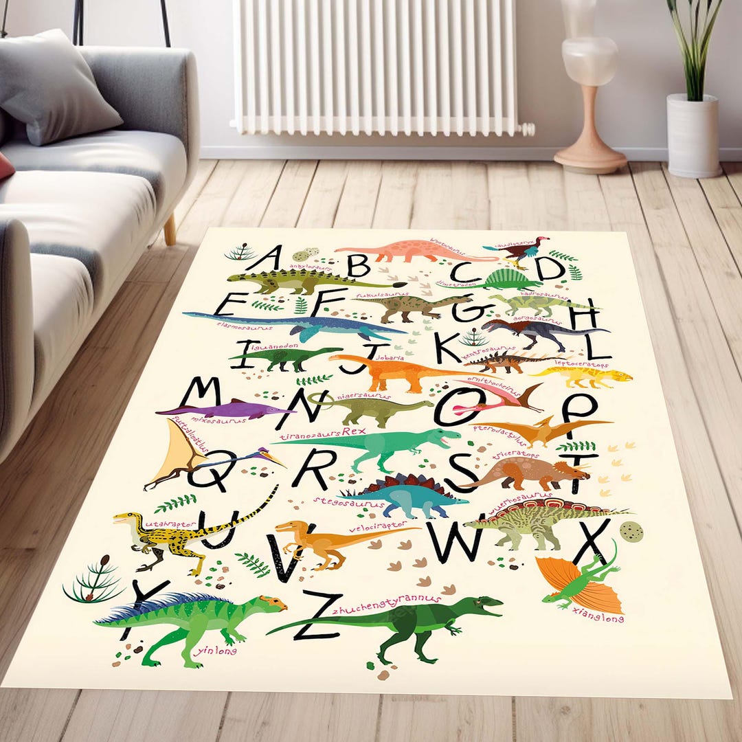 Cute Dinosaur ABC Alphabet Printed Rug • Vibrant Printed Washable Non ...