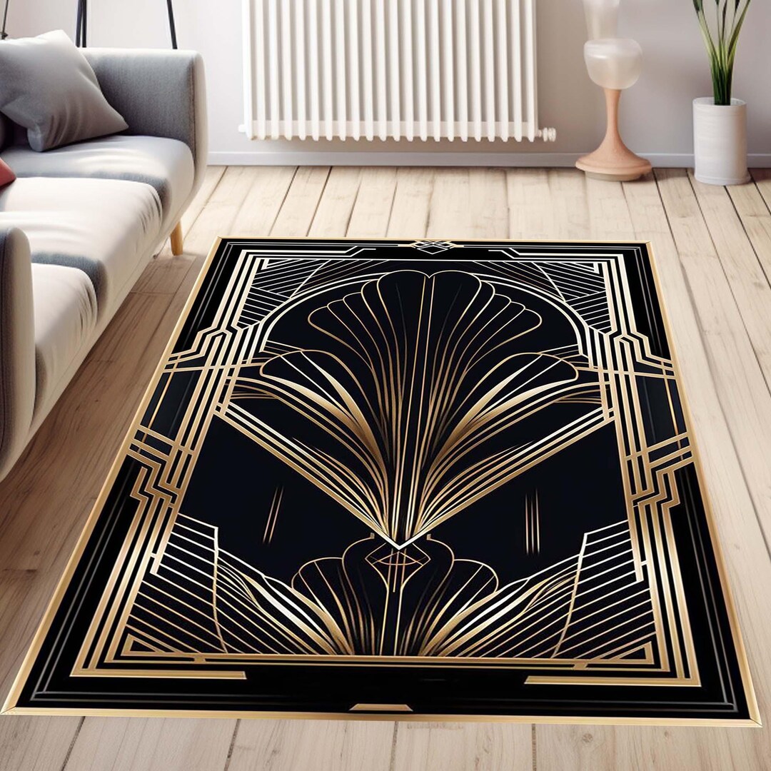 Art Deco Rug, Black Gold Striped Rug, Gold Lined Rug, Geometric Shaped ...