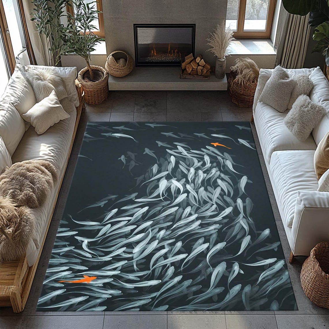 Fish Pattern Rug, Ocean-themed Carpet, Coastal Decorative Rug ...