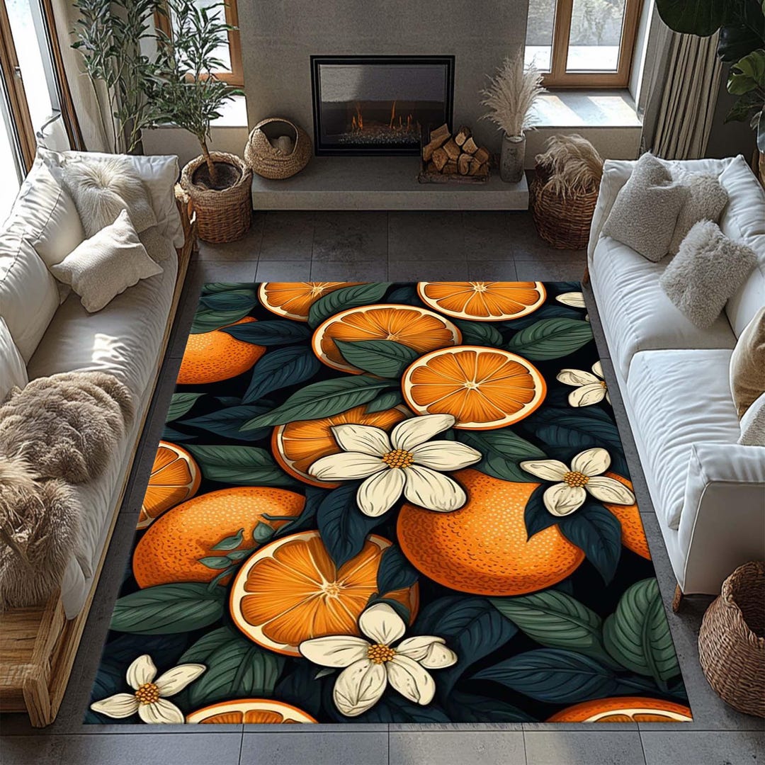 Orange Pattern Rug, Fruit Print Rug, Kitchen Rug, Summer Decor, Fresh ...