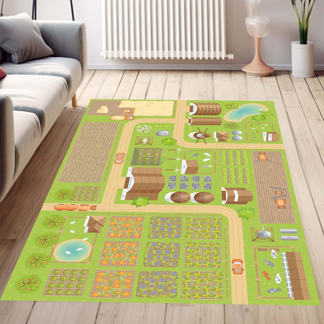 Kids Play Mat With Green Farm Roads and Fields Vegetable Gardens, Kids ...