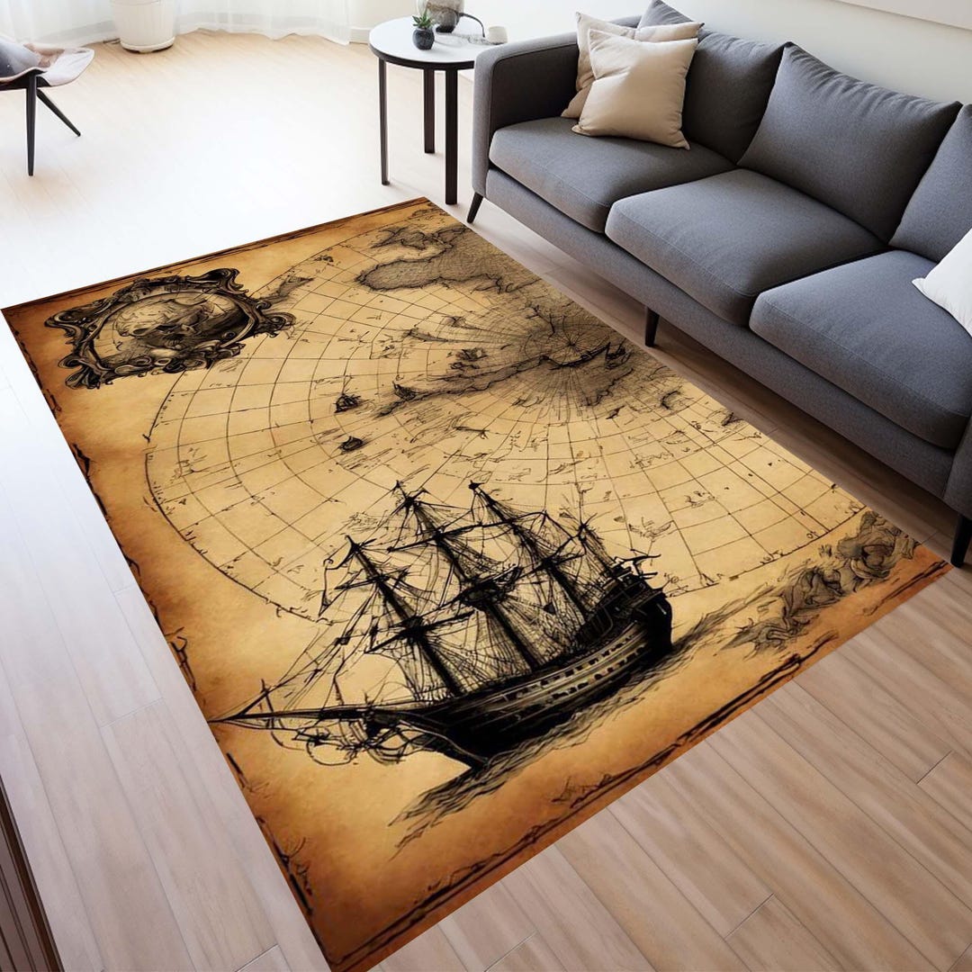 Ship Rug, Old Ship Rug, Sea Rug, Compass Rug, Old Nautical Rug, Ocean ...