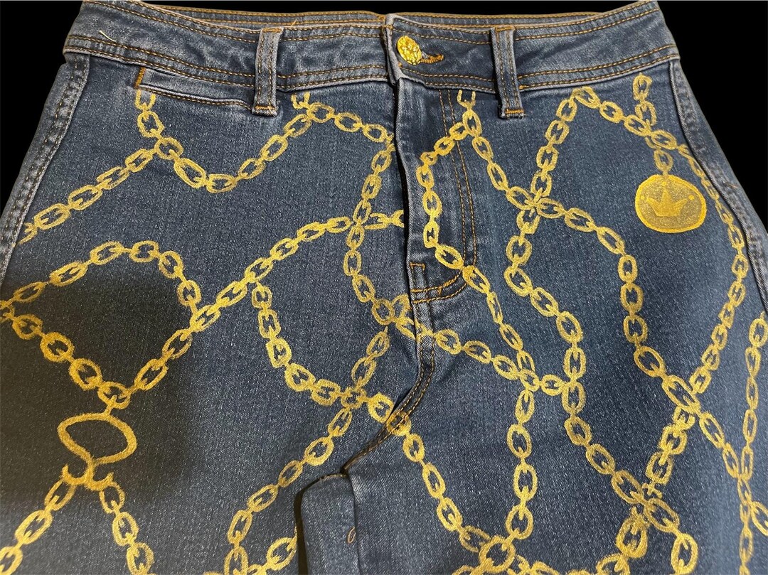Stretch Jeans With Hand-painted Gold Chains and Medallions. - Etsy