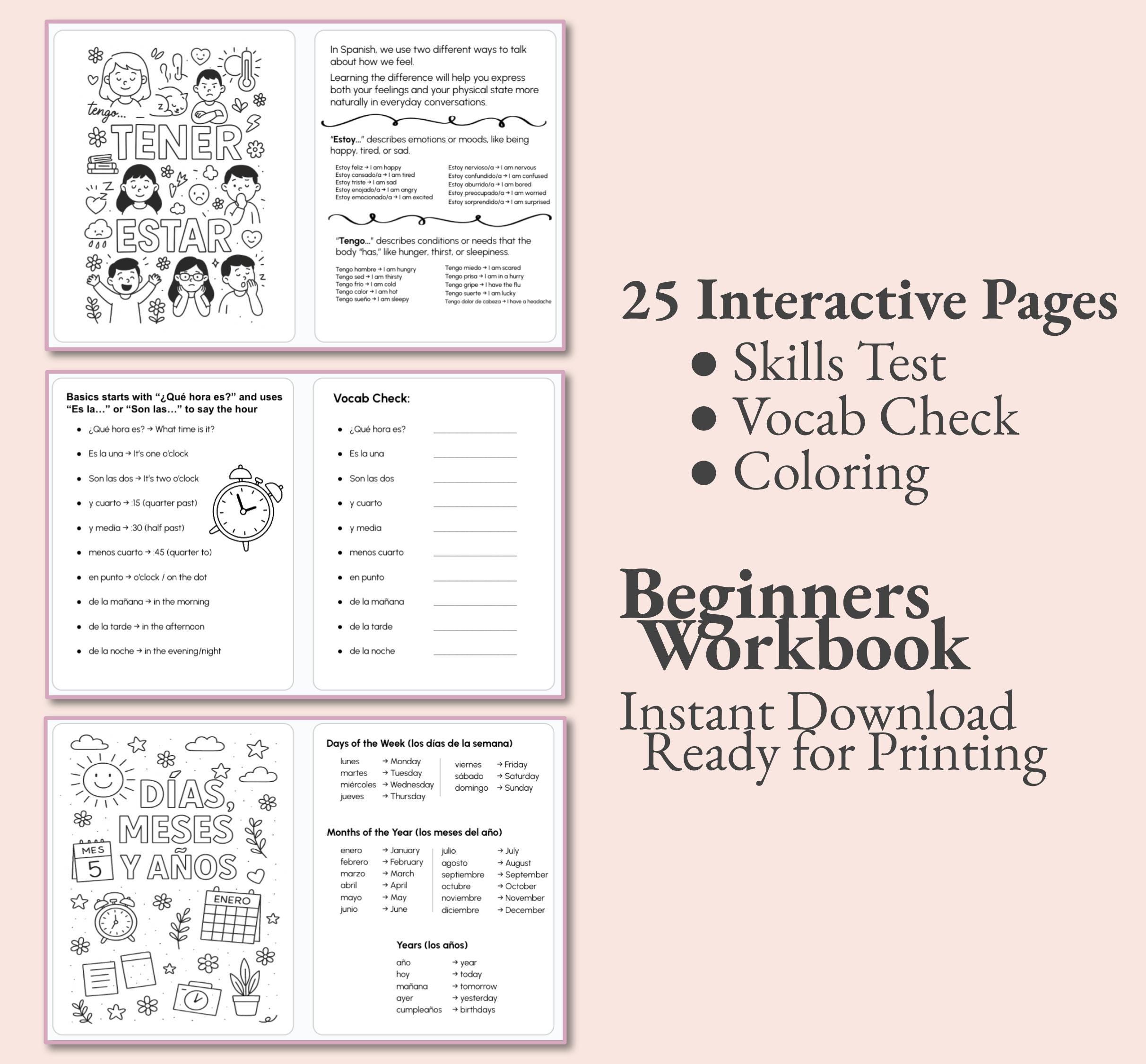Beginner Spanish Workbook: 25-pages of Vocabulary, Phrases & Activities ...