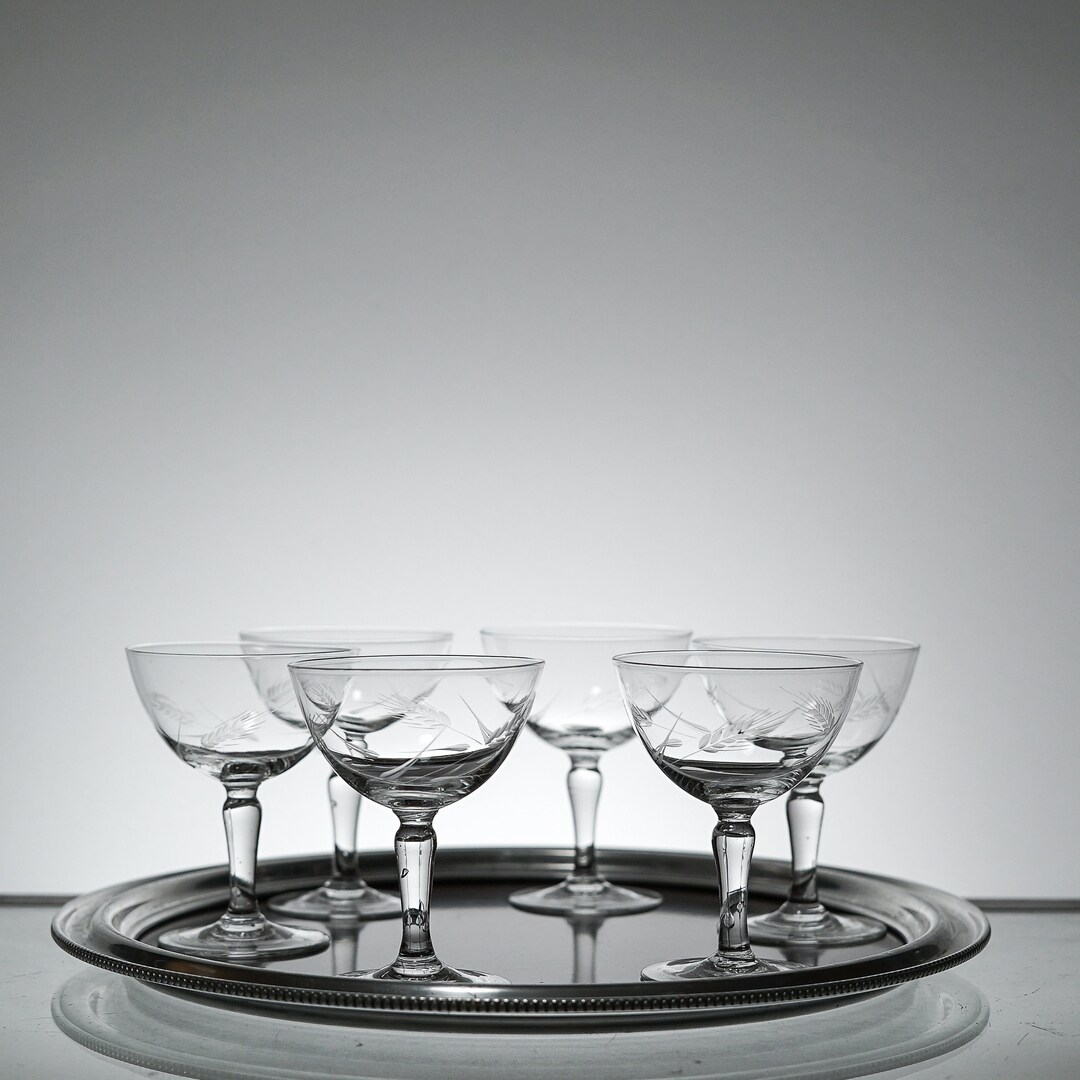 Vintage MCM Mid Century Modern Small Cocktail Glass Set of 6, Etched ...