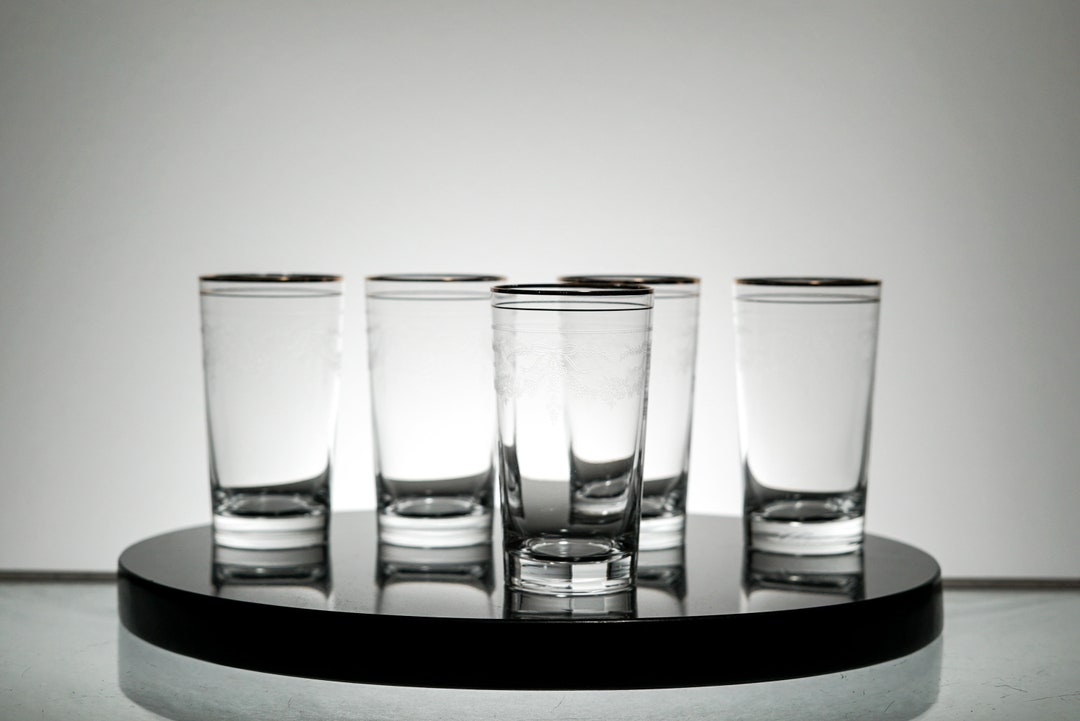 Vintage Crystal High Ball Glass Set of 5, Gold Trim With Lace Etched ...