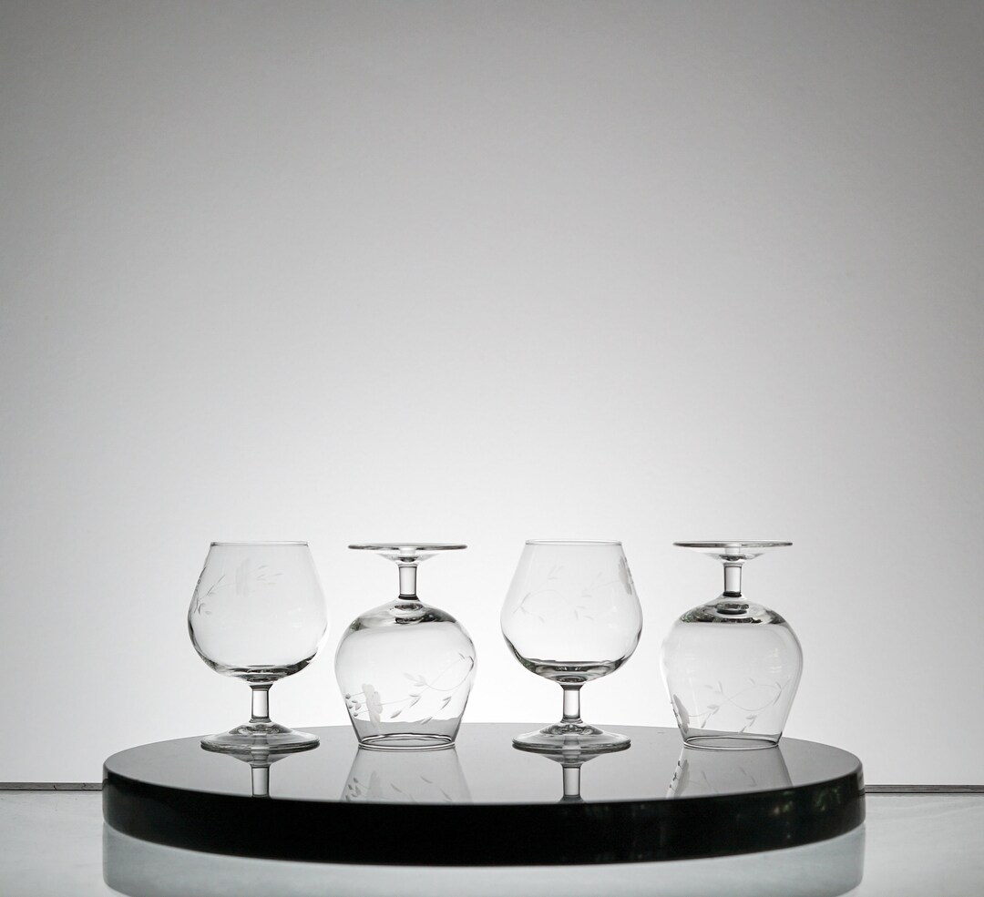 Vintage Snifter Glass Set of 4 - Etched Cognac Glasses VTG Bar Decor ...