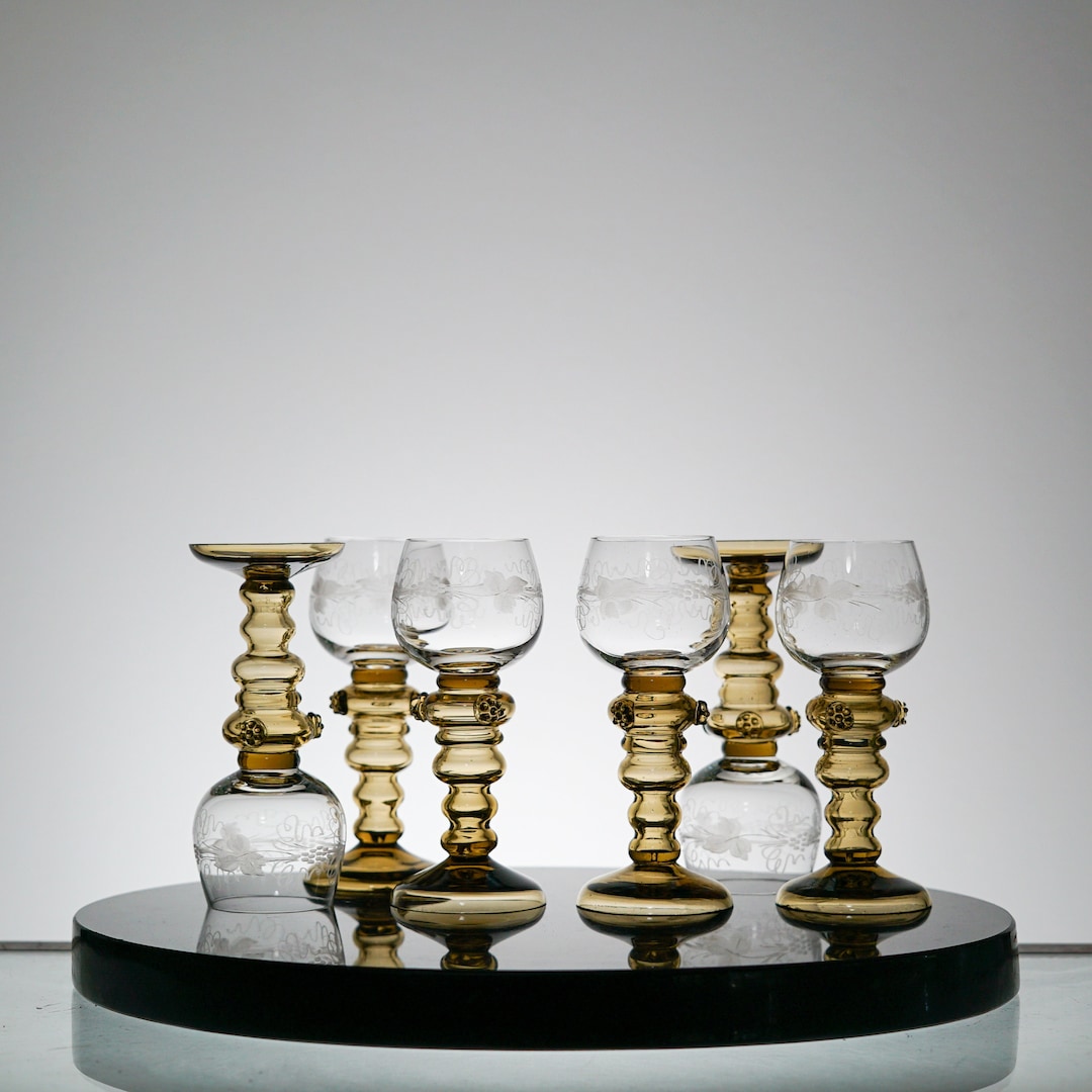 Vintage Cordial Glass Set of 6, Green Blown Stems, Apéritif and ...