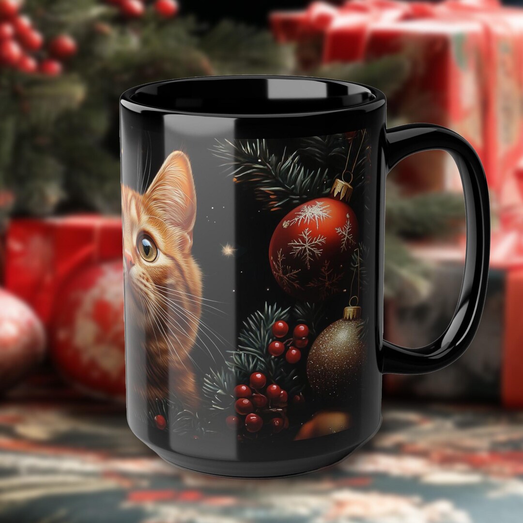 Gift for Her, Christmas Cat Mug, Tabby Cat With Holly & Baubles 15oz ...
