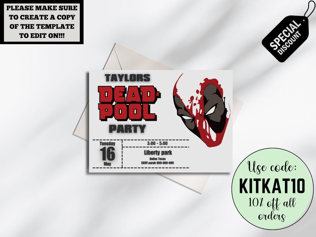 Deadpool Birthday Invitation, Customizable Digital Superhero Party ...