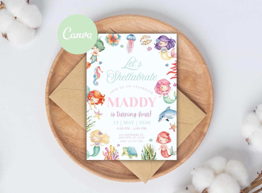 Editable Mermaid Birthday Invitation, Lets Shellabrate Mermaid Invite ...