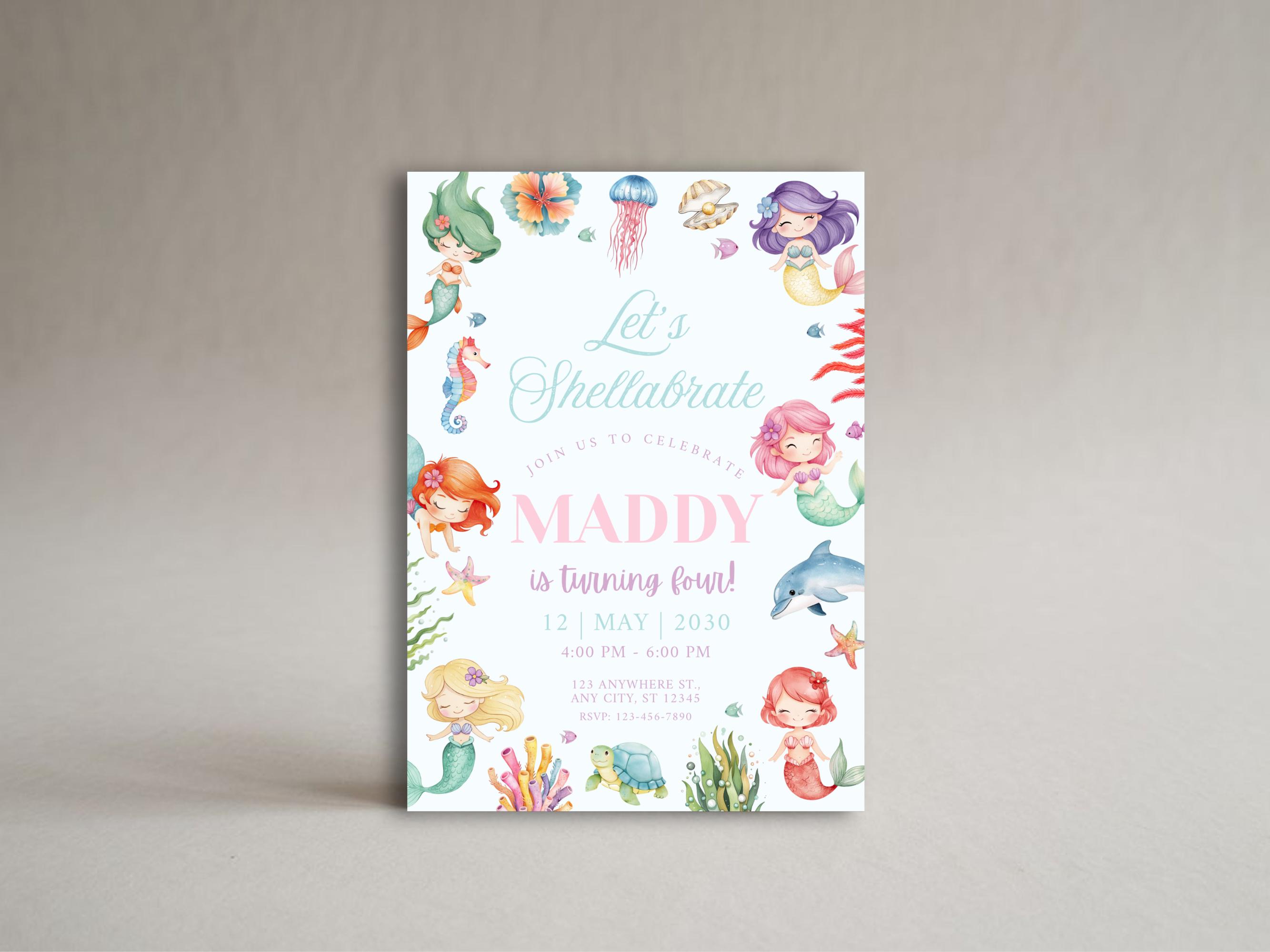 Editable Mermaid Birthday Invitation, Lets Shellabrate Mermaid Invite ...