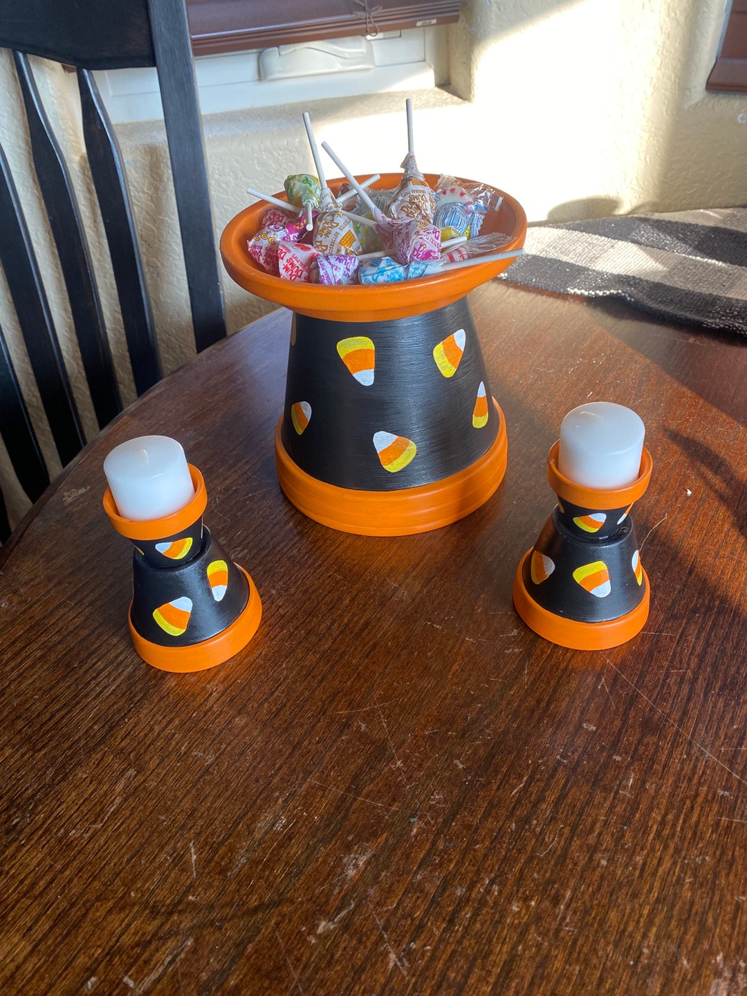 Clay Pot Candy Corn Candy Dish and Candle Holders - Etsy