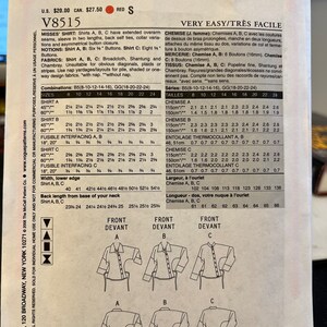 Vogue Patterns V8515 - Misses' Shirt - Size B5 (8-10-12-14-16) - Uncut ...