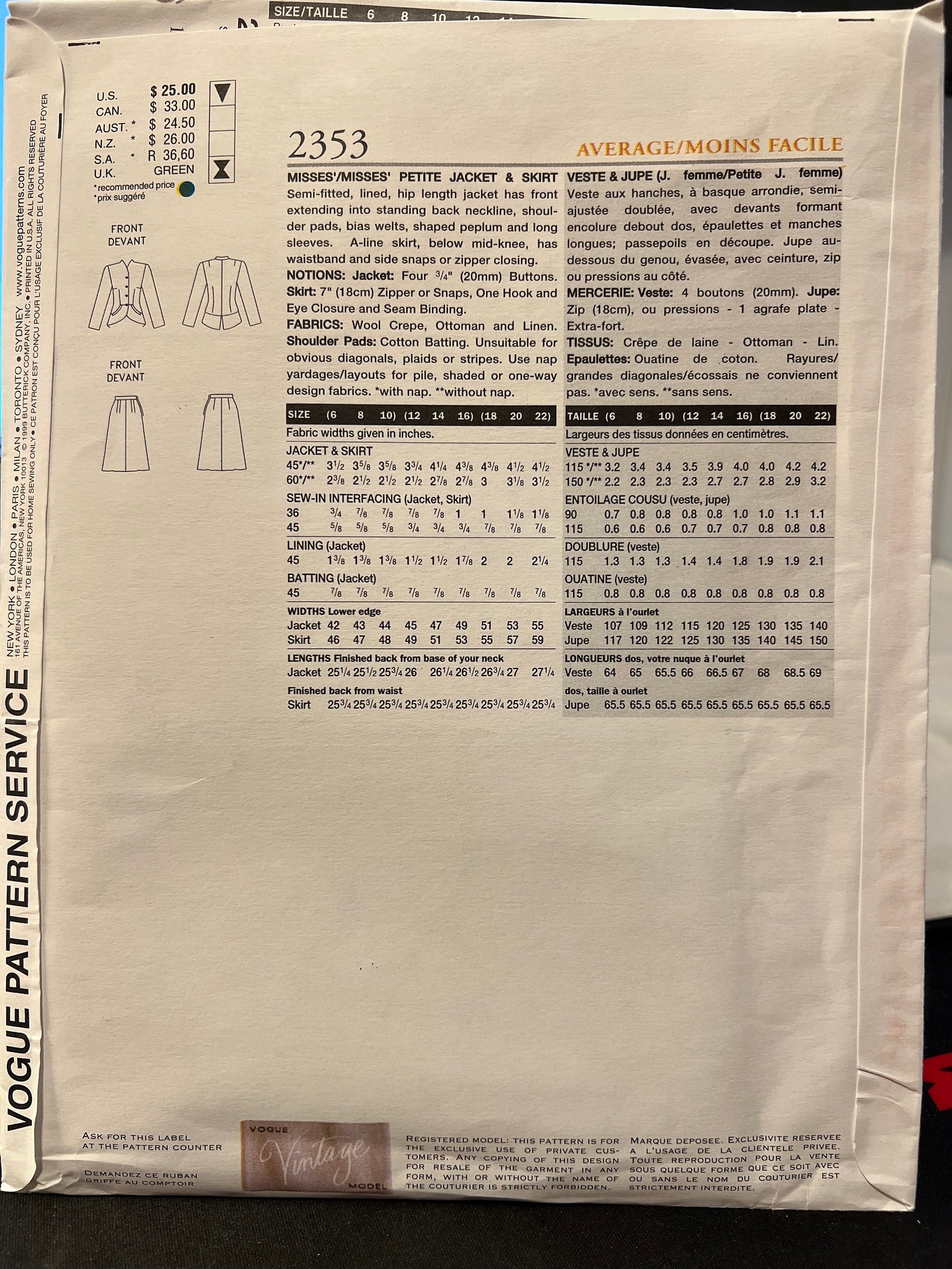 Vogue Patterns 2353 - Original 1946 Design - Misses' Petite Jacket ...