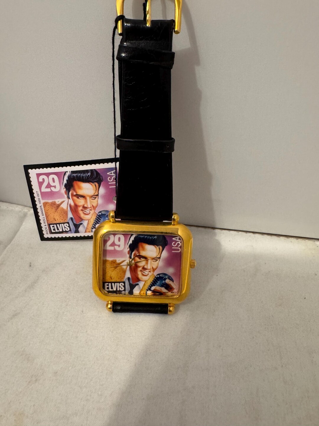 Vintage Elvis Presley Watch Unisex Leather Band Gold Tone Postage Stamp ...