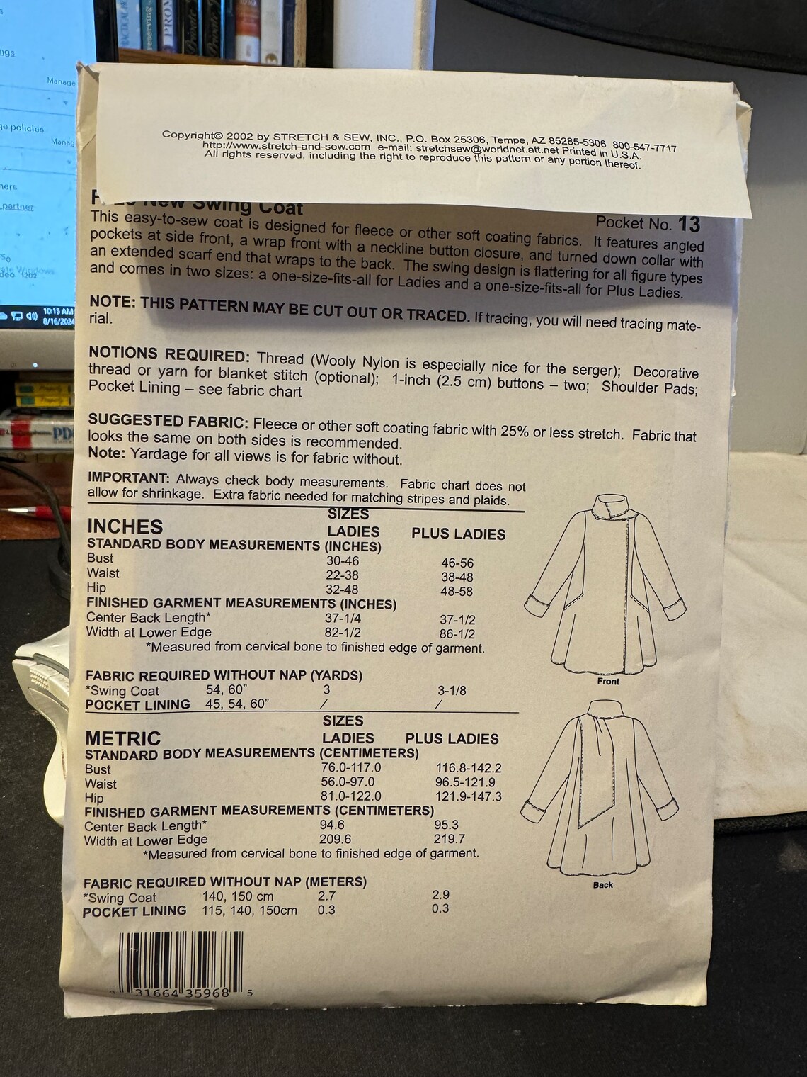 Stretch & Sew Pattern F825 Misses' Swing Coat Bust Size: Ladies 30-46 ...