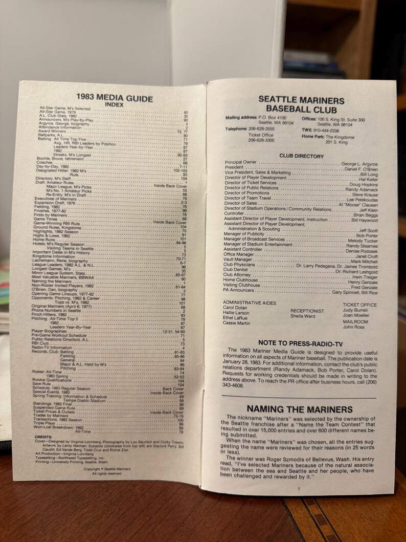 1983 Seattle Mariners Media Guide - Etsy