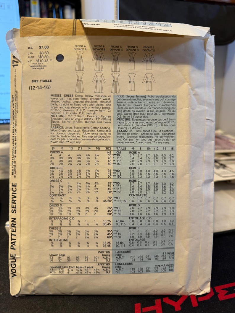 Vogue's Basic Design Pattern 1715 - Misses' Dress - Uncut - Size 12-14 ...