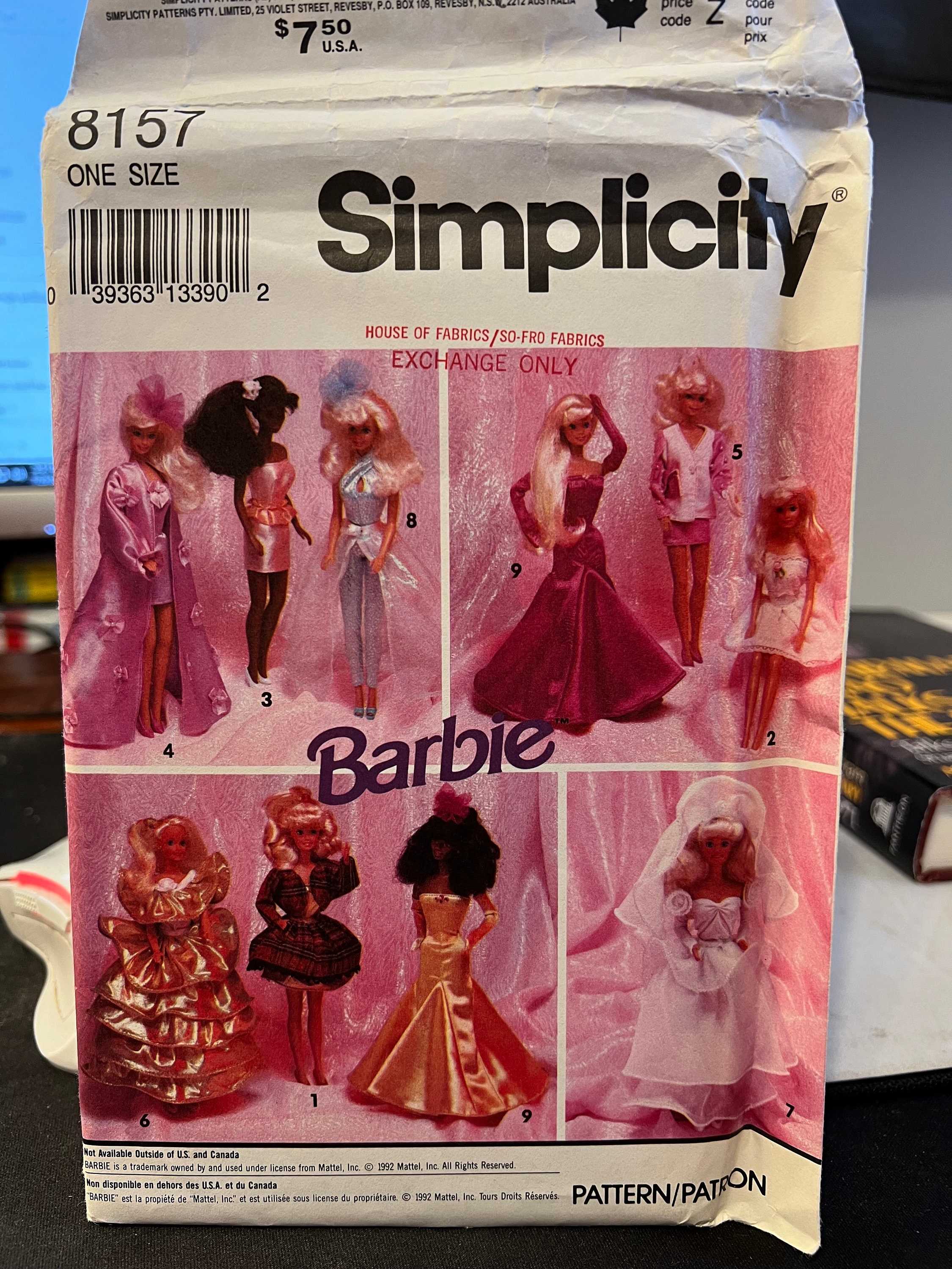 Simplicity 8157- 1990s Evening Wardrobe Pattern for Barbie Doll - Size ...