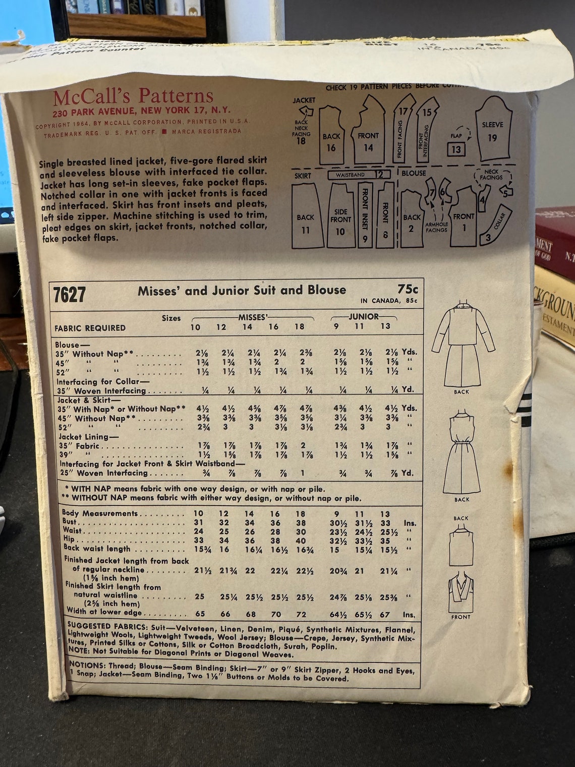 60's Mccall's Pattern 7627 - Misses' and Junior Suit and Blouse - Size ...