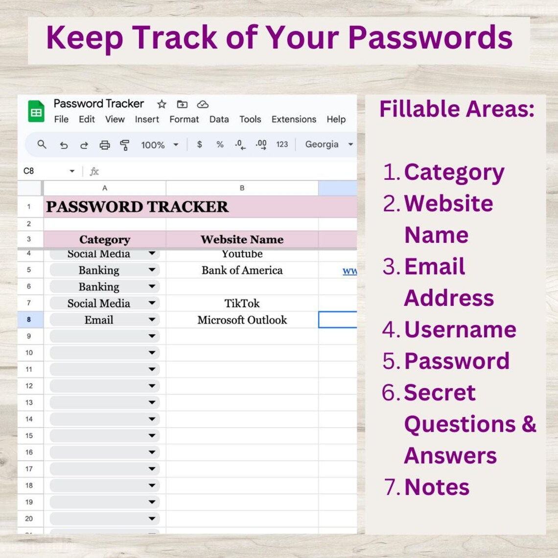 Password Template Spreadsheet Password Tracker List Google Sheets Password Template Excel ...