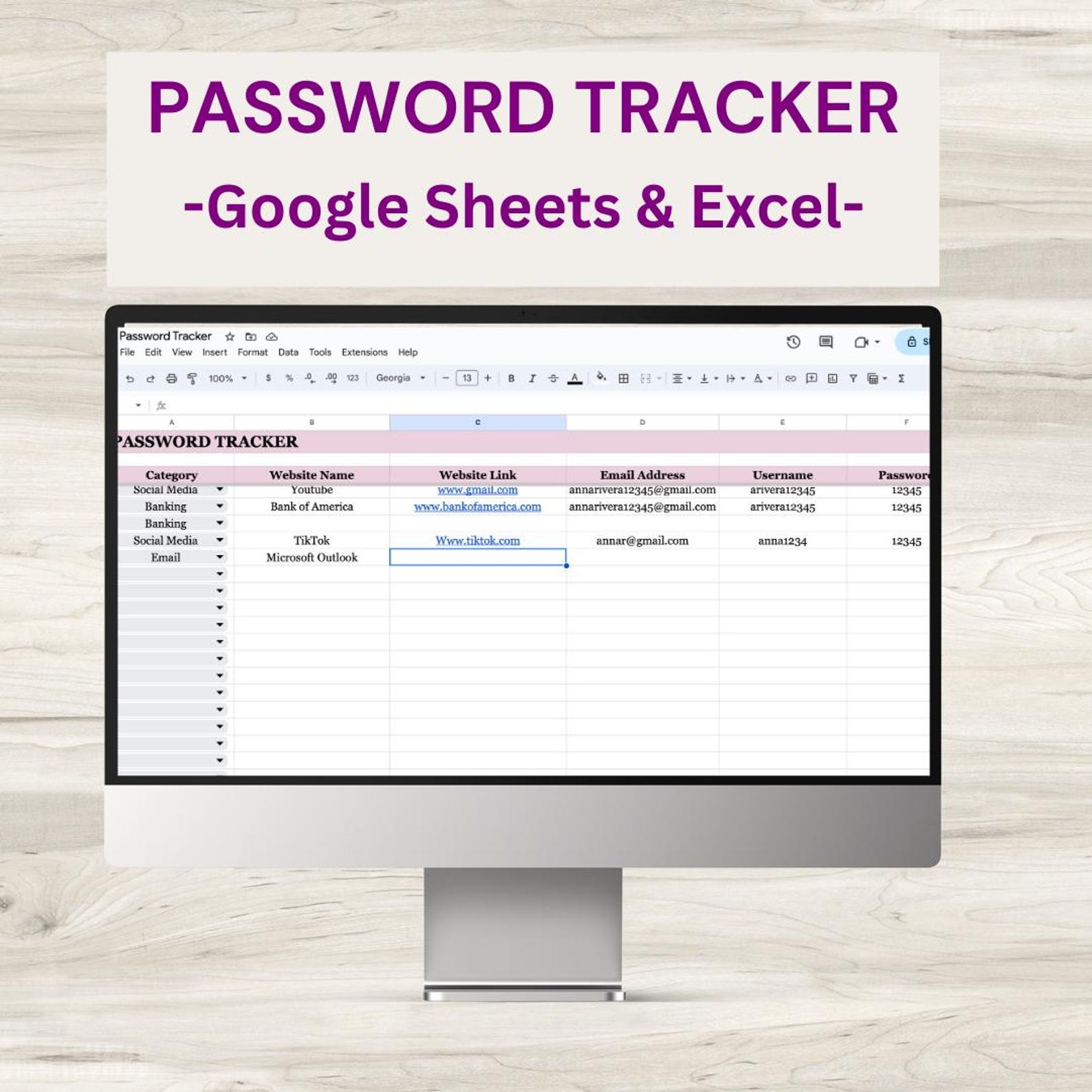 Password Template Spreadsheet Password Tracker List Google Sheets Password Template Excel ...