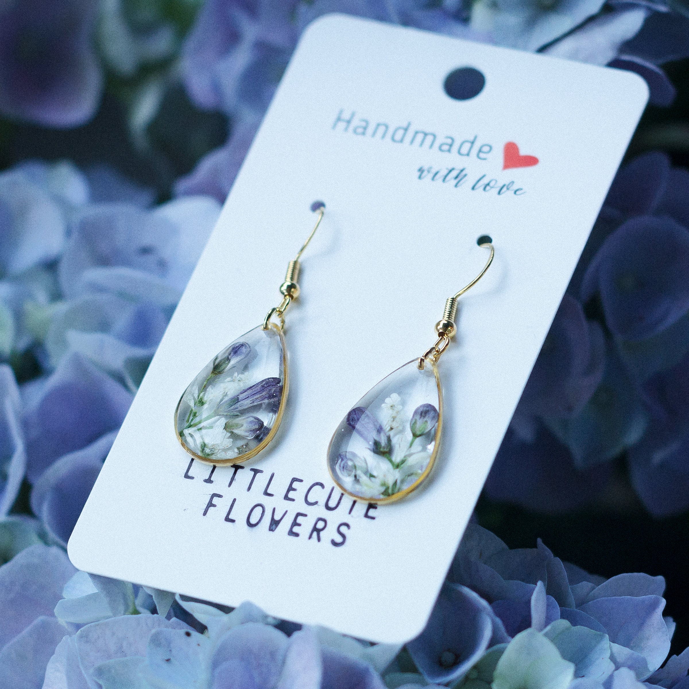 Violet Purple Flower Teardrop Gold Drop Earring, Floral Earrings, Resin ...
