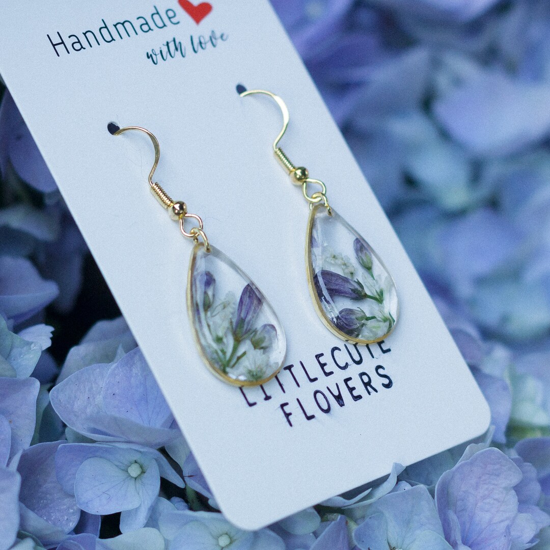 Violet Purple Flower Teardrop Gold Drop Earring, Floral Earrings, Resin ...