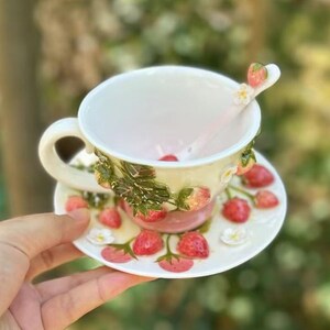 Handmade Sculpted Tea Set, Pot and Cup With Pink Strawberry | Artistic ...