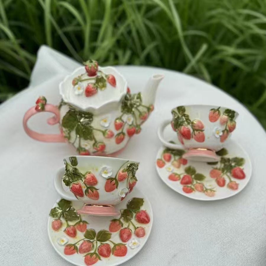 Handmade Sculpted Tea Set, Pot and Cup With Pink Strawberry | Artistic ...