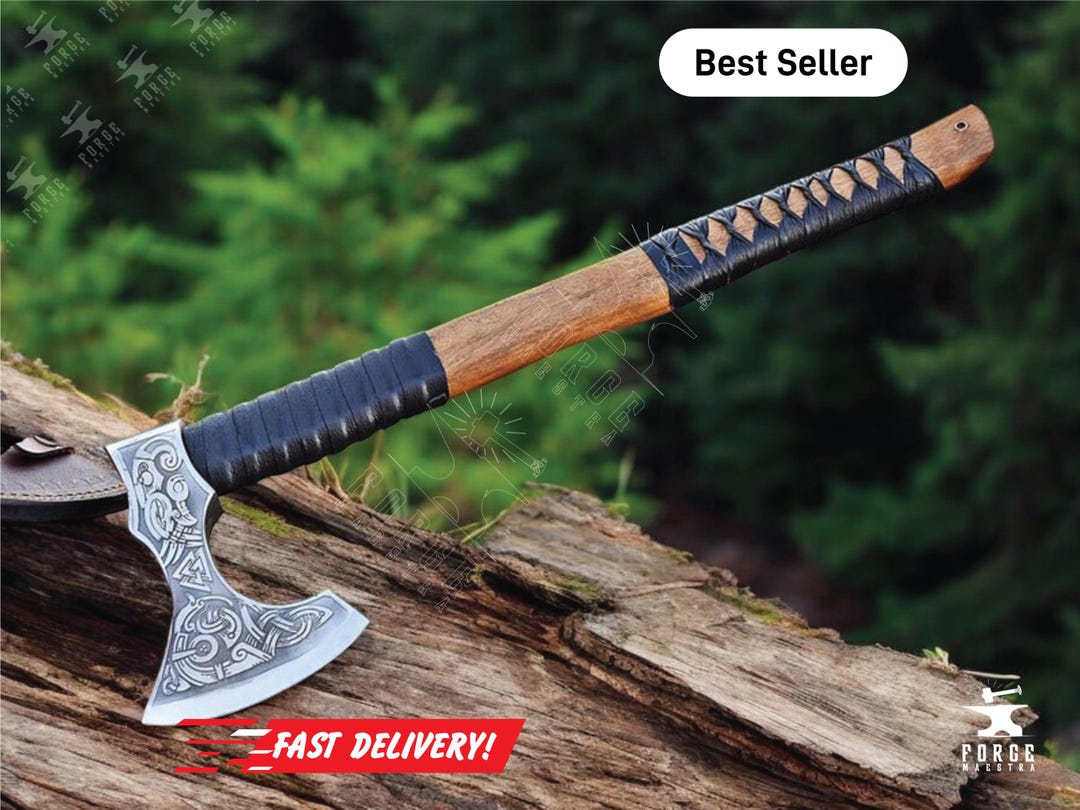 Viking Ax, Nordic Hand-forged Carbon Steel Viking Ax Engraved Wood ...