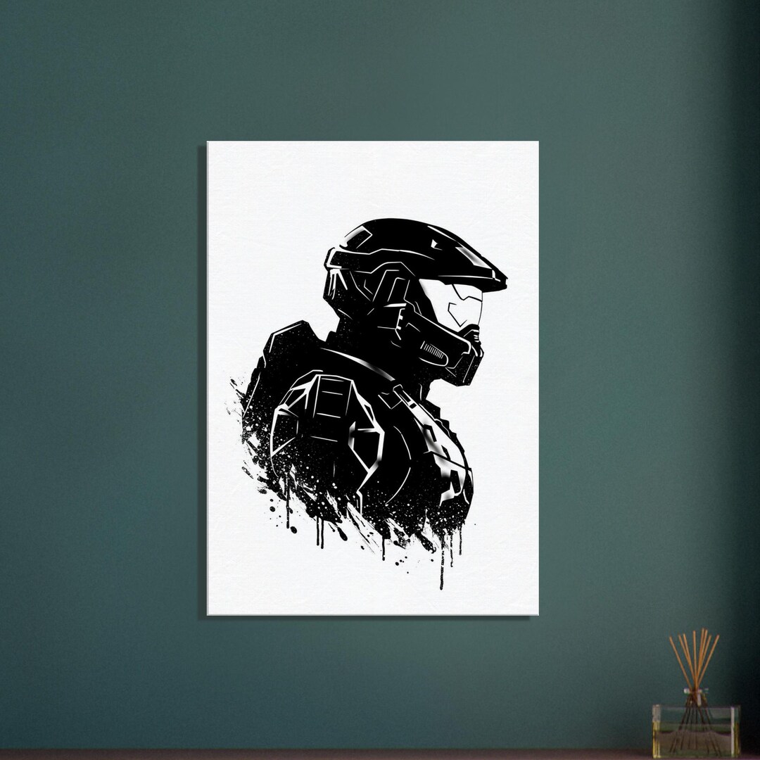 Minimalist Master Chief Silhouette Canvas | Halo Wall Art With Ink Drip ...