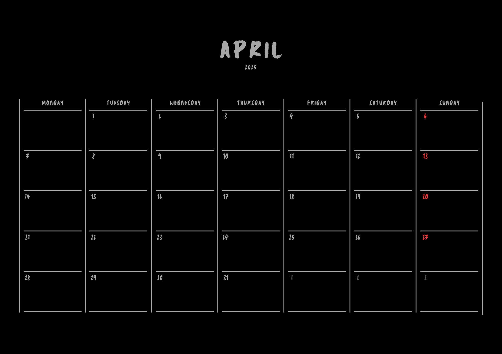 Printable Dark Mode Calendar 2025 Yearly Planner Black Weekly Calendar ...